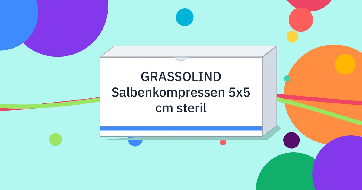 Symbolbild: Packung mit der Aufschrift GRASSOLIND Salbenkompressen 5x5 cm steril (PZN 17565829) – Verfügbarkeit und Bezug in Apotheken in Frankfurt am Main