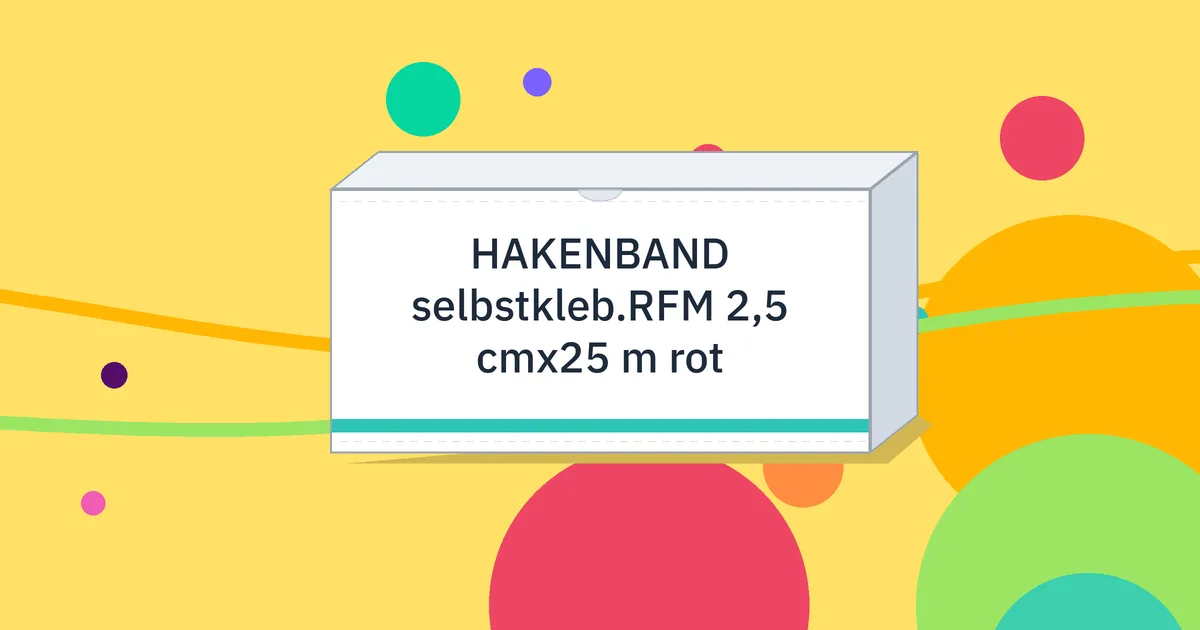 Symbolbild: Packung mit der Aufschrift HAKENBAND selbstkleb.RFM 2,5 cmx25 m rot (PZN 06489930) – Verfügbarkeit und Bezug in Apotheken in Frankfurt am Main