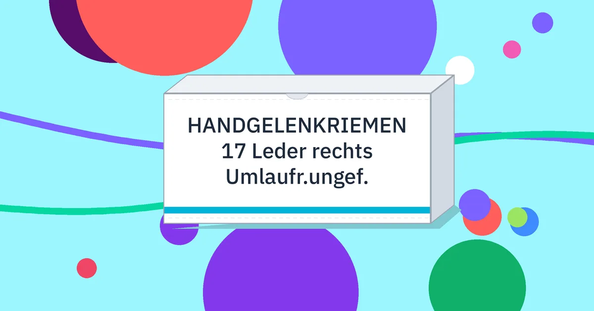 Symbolbild: Packung mit der Aufschrift HANDGELENKRIEMEN 17 Leder rechts Umlaufr.ungef. (PZN 03230485) – Verfügbarkeit und Bezug in Apotheken in Frankfurt am Main