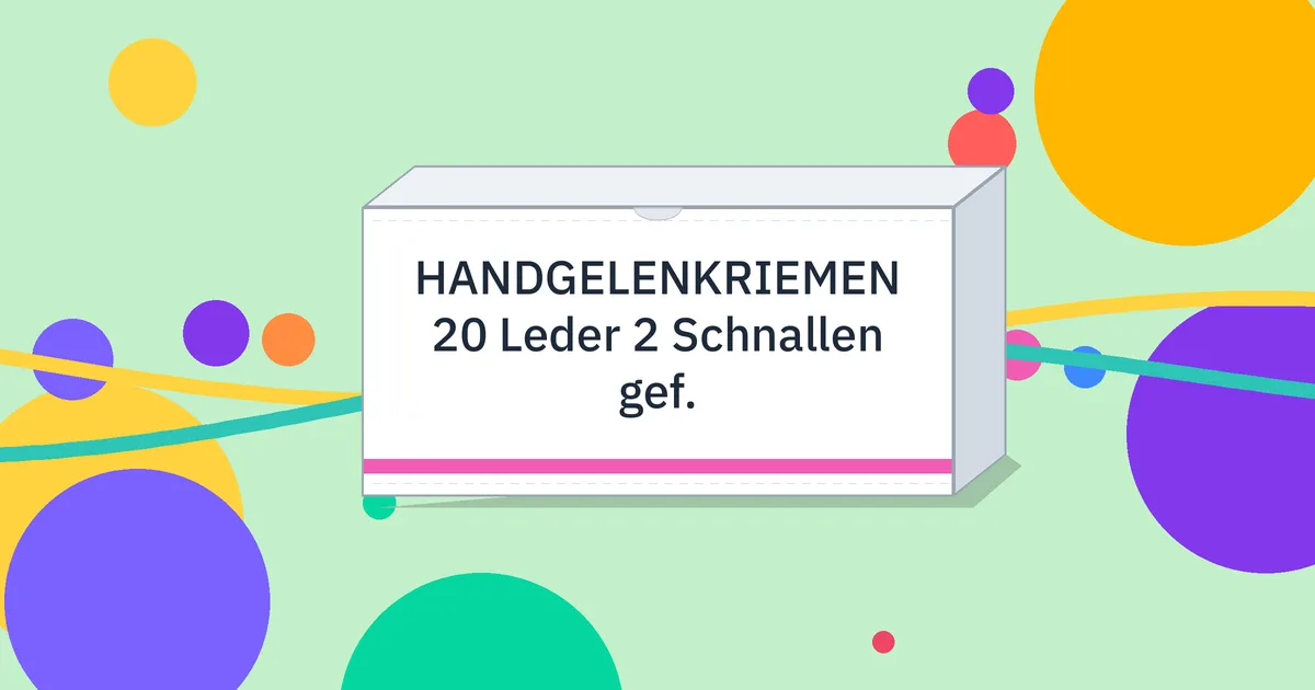 Symbolbild: Packung mit der Aufschrift HANDGELENKRIEMEN 20 Leder 2 Schnallen gef. (PZN 03230172) – Verfügbarkeit und Bezug in Apotheken in Frankfurt am Main