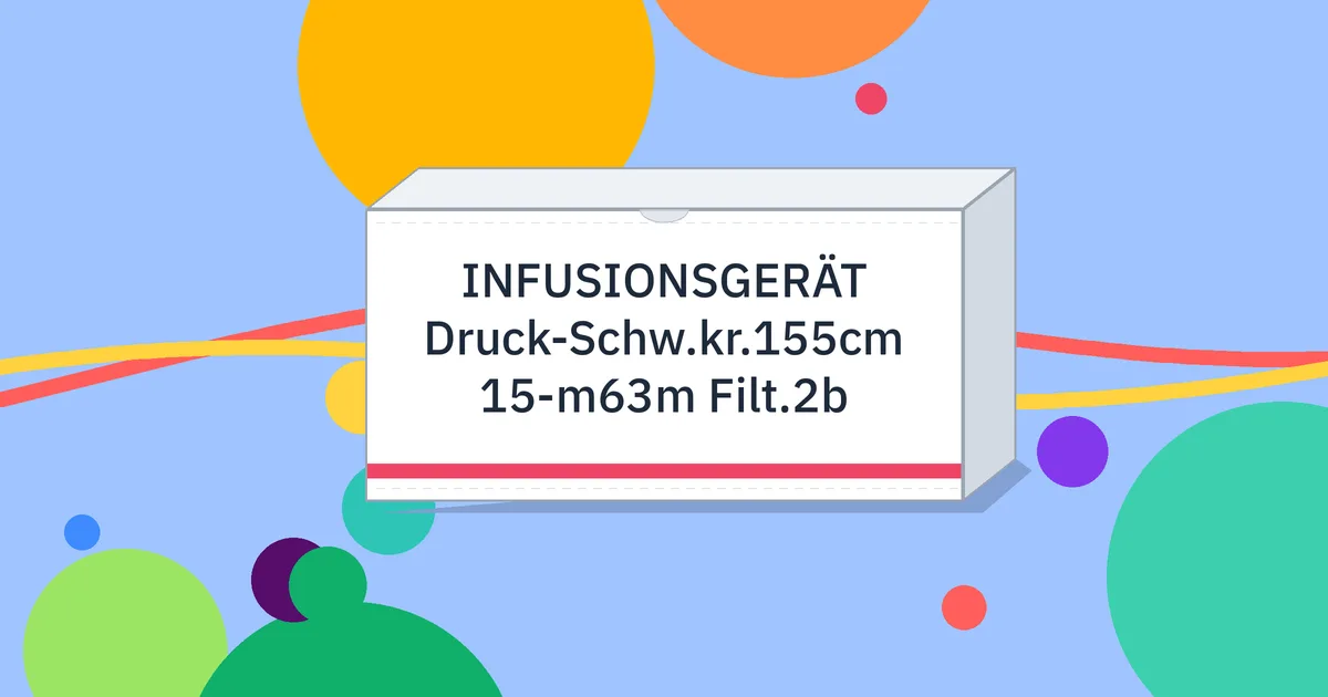 Symbolbild: Packung mit der Aufschrift INFUSIONSGERÄT Druck-Schw.kr.155cm 15-m63m Filt.2b (PZN 17395126) – Verfügbarkeit und Bezug in Apotheken in Frankfurt am Main