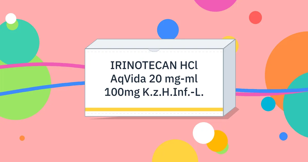 Symbolbild: Packung mit der Aufschrift IRINOTECAN HCl AqVida 20 mg-ml 100mg K.z.H.Inf.-L. (PZN 14279684) – Verfügbarkeit und Bezug in Apotheken in Frankfurt am Main