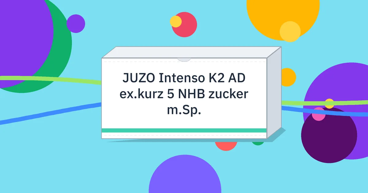Symbolbild: Packung mit der Aufschrift JUZO Intenso K2 AD ex.kurz 5 NHB zucker m.Sp. (PZN 18611365) – Verfügbarkeit und Bezug in Apotheken in Frankfurt am Main