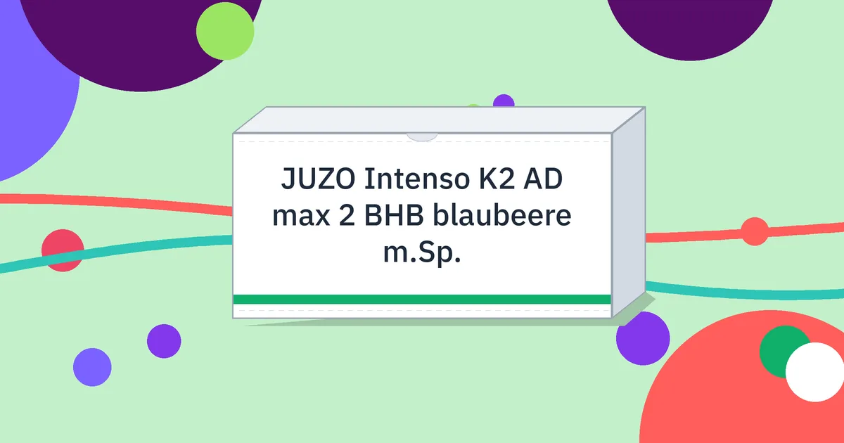Symbolbild: Packung mit der Aufschrift JUZO Intenso K2 AD max 2 BHB blaubeere m.Sp. (PZN 18616351) – Verfügbarkeit und Bezug in Apotheken in Frankfurt am Main