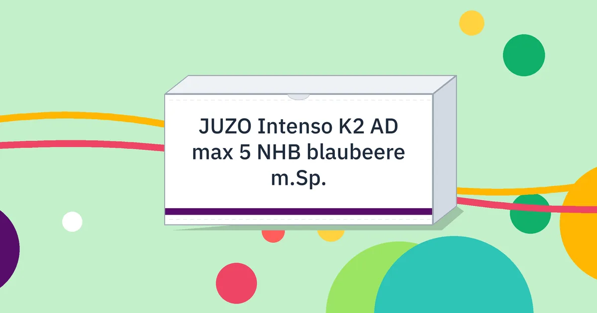 Symbolbild: Packung mit der Aufschrift JUZO Intenso K2 AD max 5 NHB blaubeere m.Sp. (PZN 18612838) – Verfügbarkeit und Bezug in Apotheken in Frankfurt am Main