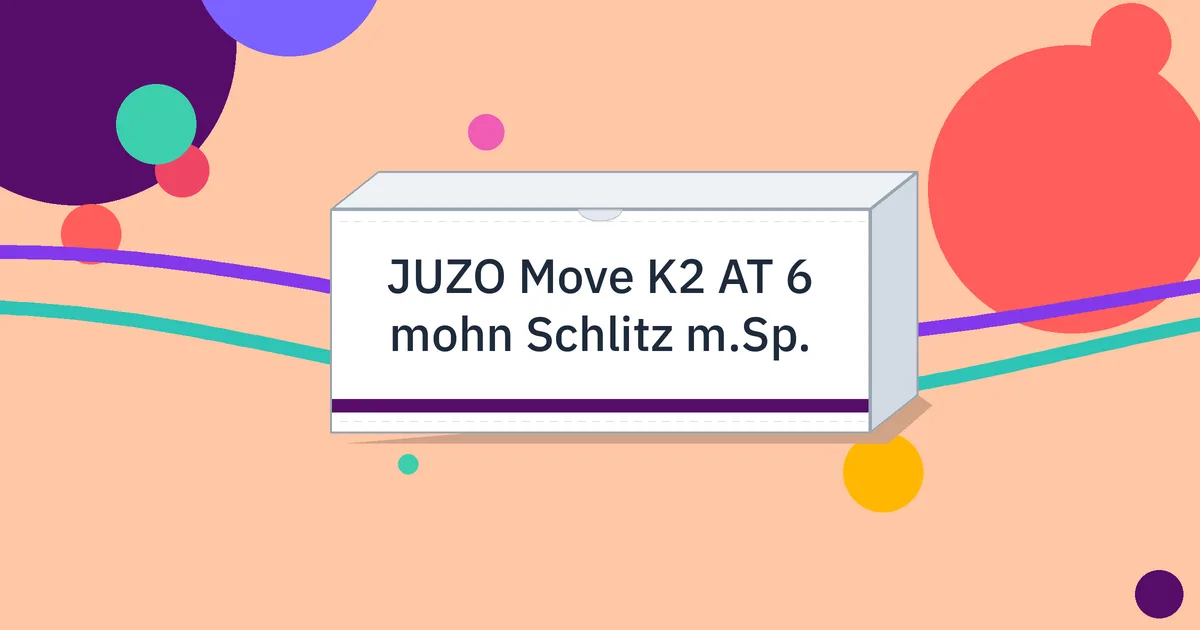 Symbolbild: Packung mit der Aufschrift JUZO Move K2 AT 6 mohn Schlitz m.Sp. (PZN 20668941) – Verfügbarkeit und Bezug in Apotheken in Frankfurt am Main