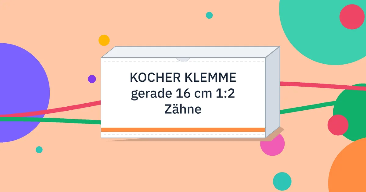 Symbolbild: Packung mit der Aufschrift KOCHER KLEMME gerade 16 cm 1:2 Zähne (PZN 02523469) – Verfügbarkeit und Bezug in Apotheken in Frankfurt am Main
