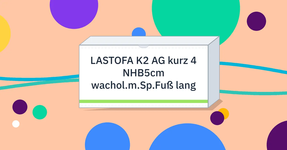 Symbolbild: Packung mit der Aufschrift LASTOFA K2 AG kurz 4 NHB5cm wachol.m.Sp.Fuß lang (PZN 13805478) – Verfügbarkeit und Bezug in Apotheken in Frankfurt am Main