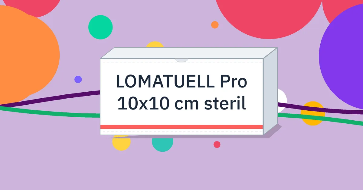 Symbolbild: Packung mit der Aufschrift LOMATUELL Pro 10x10 cm steril (PZN 19503850) – Verfügbarkeit und Bezug in Apotheken in Frankfurt am Main