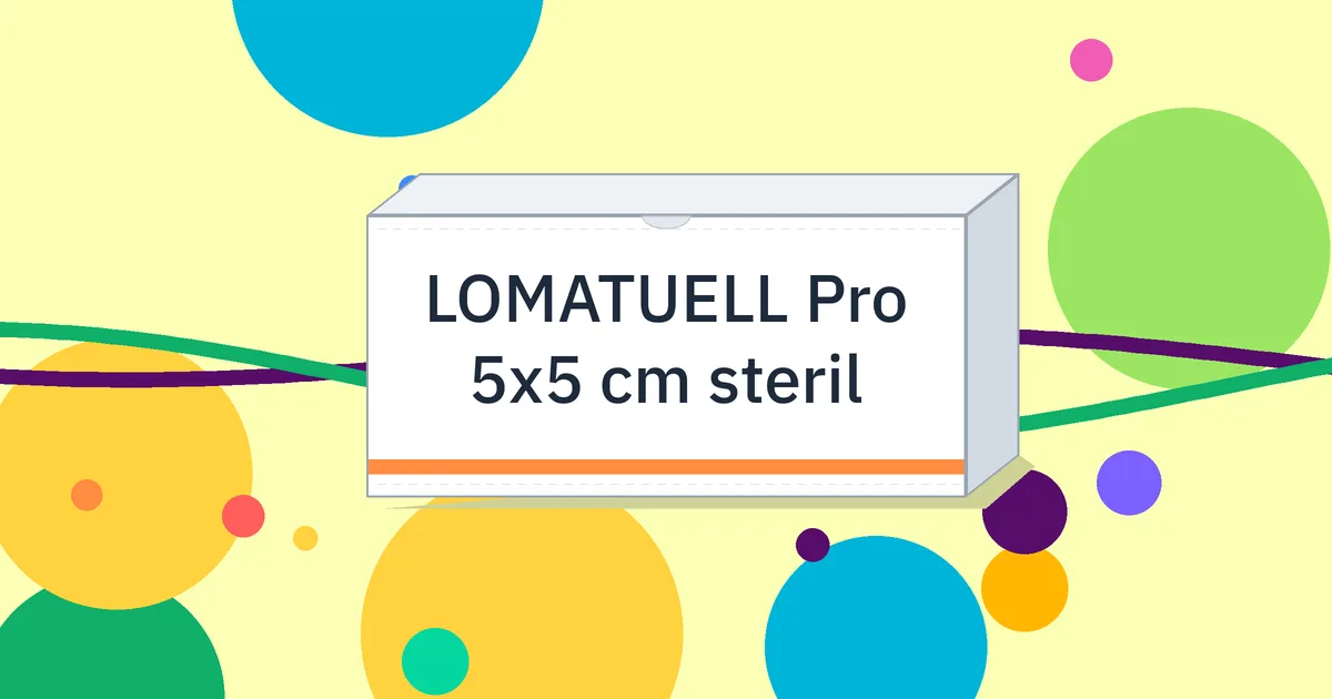 Symbolbild: Packung mit der Aufschrift LOMATUELL Pro 5x5 cm steril (PZN 17240725) – Verfügbarkeit und Bezug in Apotheken in Frankfurt am Main