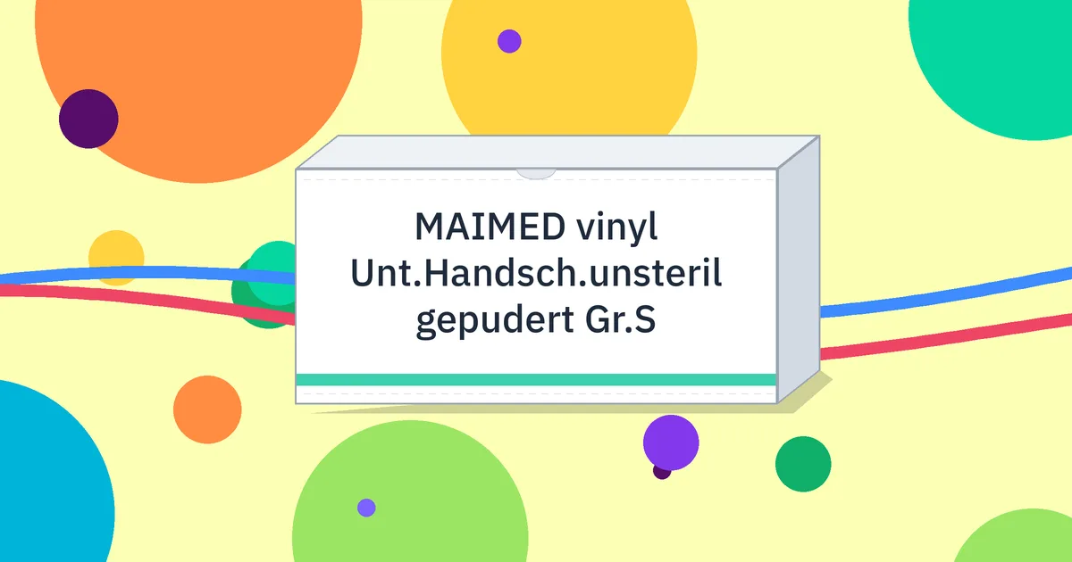 Symbolbild: Packung mit der Aufschrift MAIMED vinyl Unt.Handsch.unsteril gepudert Gr.S (PZN 00350964) – Verfügbarkeit und Bezug in Apotheken in Frankfurt am Main