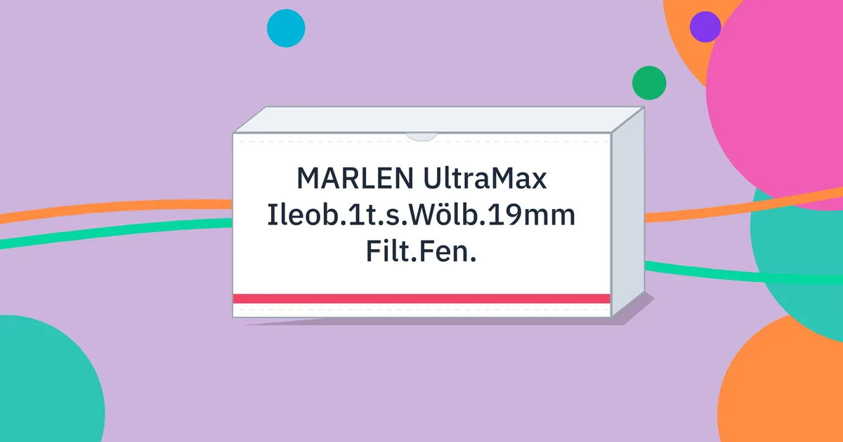 Symbolbild: Packung mit der Aufschrift MARLEN UltraMax Ileob.1t.s.Wölb.19mm Filt.Fen. (PZN 10741223) – Verfügbarkeit und Bezug in Apotheken in Frankfurt am Main