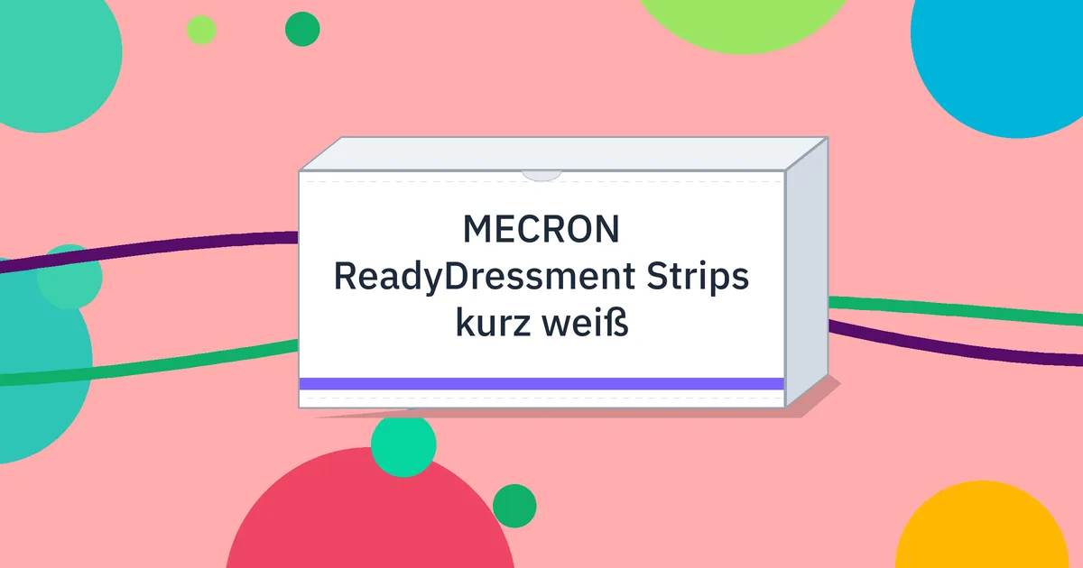 Symbolbild: Packung mit der Aufschrift MECRON ReadyDressment Strips kurz weiß (PZN 13164594) – Verfügbarkeit und Bezug in Apotheken in Frankfurt am Main