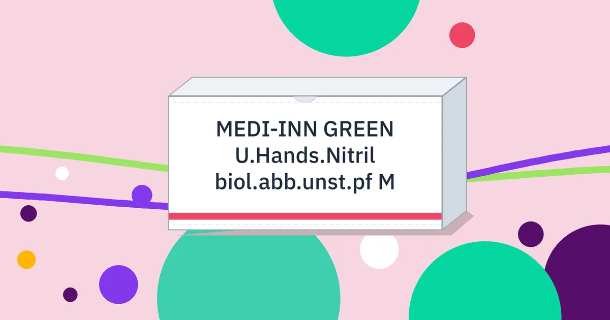 Symbolbild: Packung mit der Aufschrift MEDI-INN GREEN U.Hands.Nitril biol.abb.unst.pf M (PZN 19626825) – Verfügbarkeit und Bezug in Apotheken in Frankfurt am Main