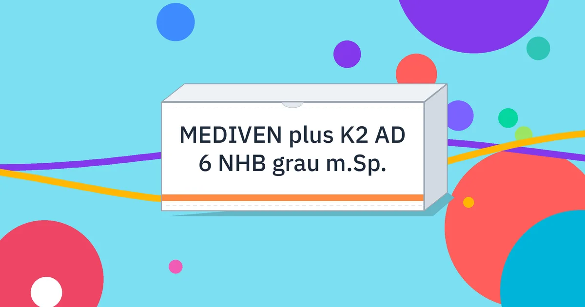 Symbolbild: Packung mit der Aufschrift MEDIVEN plus K2 AD 6 NHB grau m.Sp. (PZN 18946539) – Verfügbarkeit und Bezug in Apotheken in Frankfurt am Main
