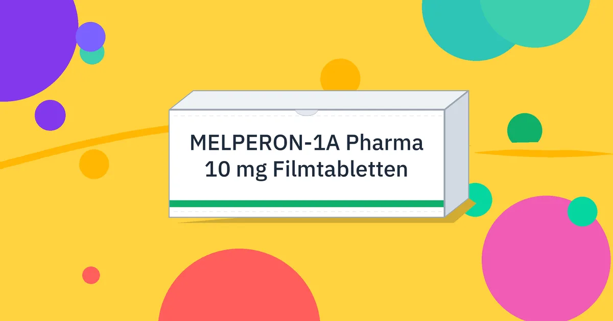 Symbolbild: Packung mit der Aufschrift MELPERON-1A Pharma 10 mg Filmtabletten (PZN 18330471) – Verfügbarkeit und Bezug in Apotheken in Frankfurt am Main
