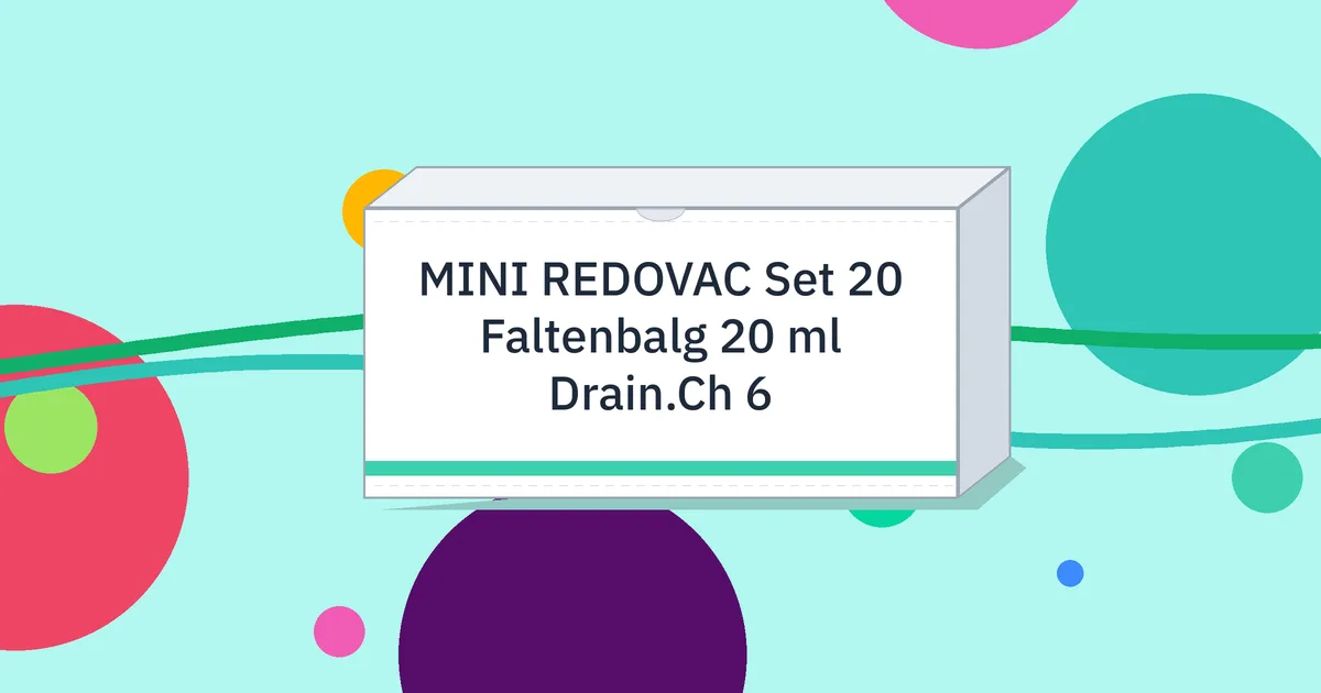 Symbolbild: Packung mit der Aufschrift MINI REDOVAC Set 20 Faltenbalg 20 ml Drain.Ch 6 (PZN 08826900) – Verfügbarkeit und Bezug in Apotheken in Frankfurt am Main