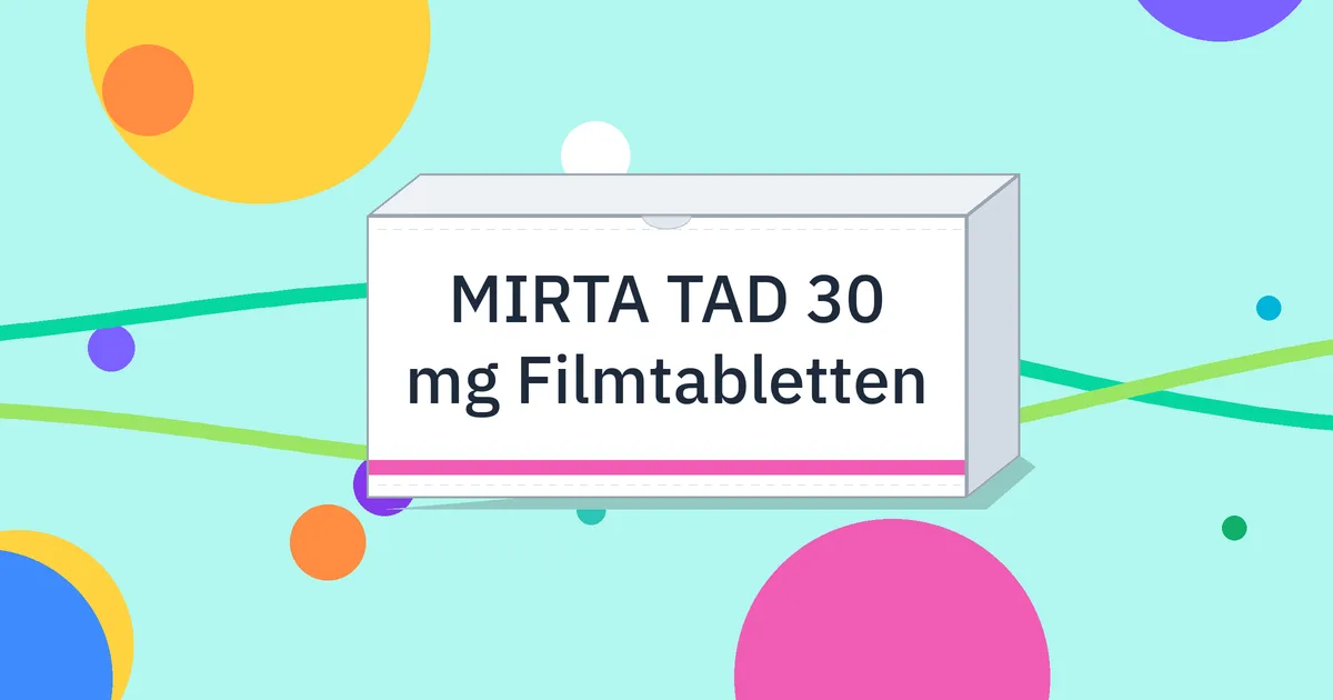 Symbolbild: Packung mit der Aufschrift MIRTA TAD 30 mg Filmtabletten (PZN 03447345) – Verfügbarkeit und Bezug in Apotheken in Frankfurt am Main