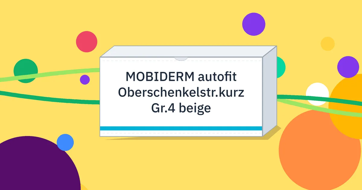 Symbolbild: Packung mit der Aufschrift MOBIDERM autofit Oberschenkelstr.kurz Gr.4 beige (PZN 13970220) – Verfügbarkeit und Bezug in Apotheken in Frankfurt am Main