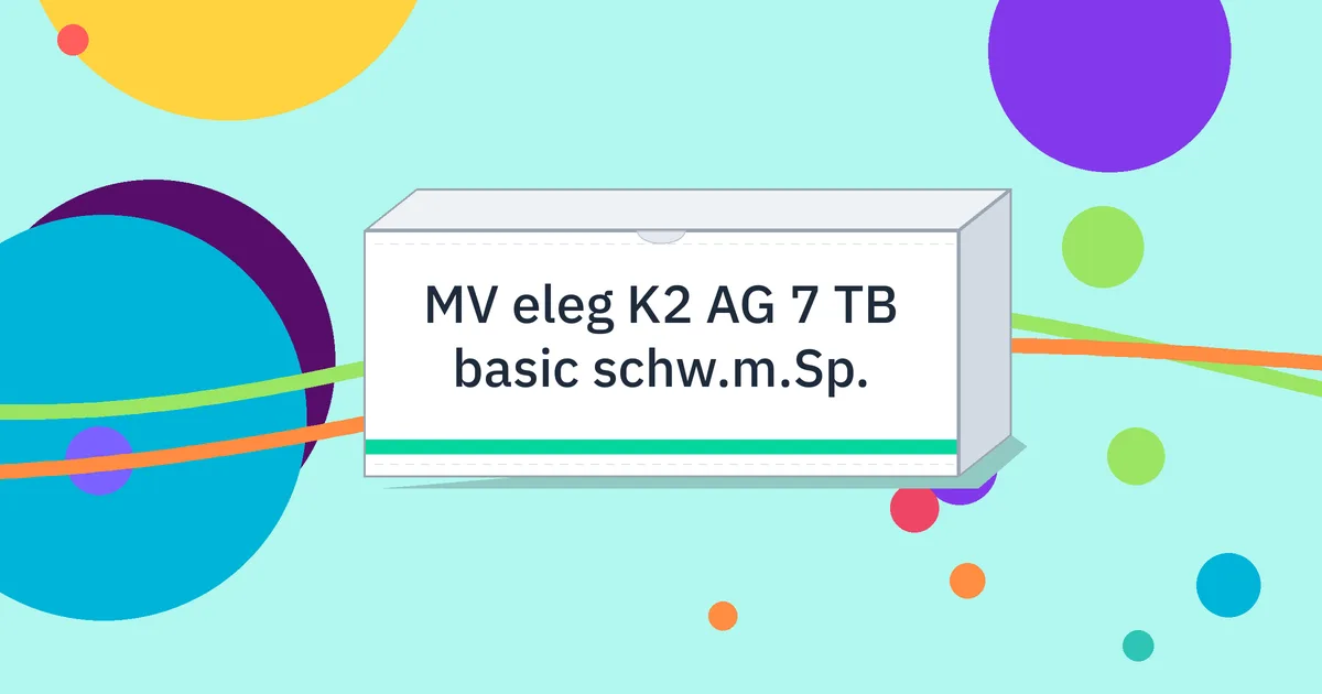 Symbolbild: Packung mit der Aufschrift MV eleg K2 AG 7 TB basic schw.m.Sp. (PZN 00221385) – Verfügbarkeit und Bezug in Apotheken in Frankfurt am Main