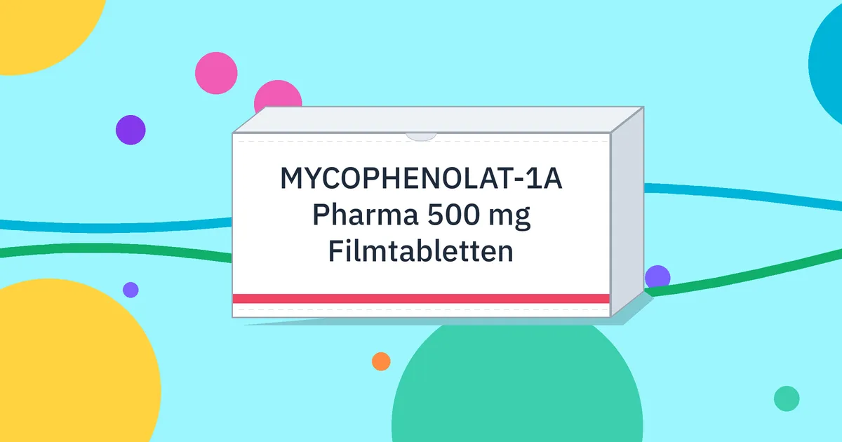 Symbolbild: Packung mit der Aufschrift MYCOPHENOLAT-1A Pharma 500 mg Filmtabletten (PZN 06810349) – Verfügbarkeit und Bezug in Apotheken in Frankfurt am Main