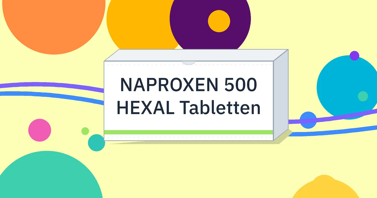 Symbolbild: Packung mit der Aufschrift NAPROXEN 500 HEXAL Tabletten (PZN 01288598) – Verfügbarkeit und Bezug in Apotheken in Frankfurt am Main