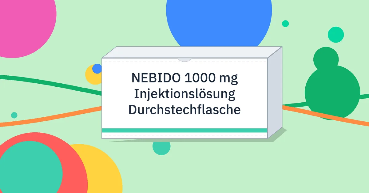 Symbolbild: Packung mit der Aufschrift NEBIDO 1000 mg Injektionslösung Durchstechflasche (PZN 19668189) – Verfügbarkeit und Bezug in Apotheken in Frankfurt am Main