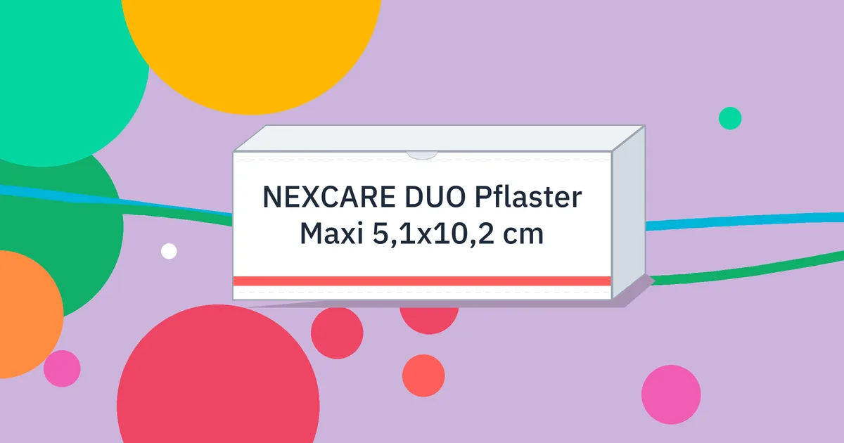 Symbolbild: Packung mit der Aufschrift NEXCARE DUO Pflaster Maxi 5,1x10,2 cm (PZN 17425436) – Verfügbarkeit und Bezug in Apotheken in Frankfurt am Main