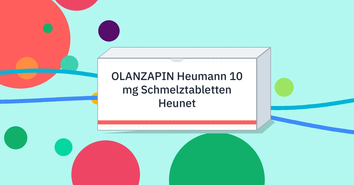 Symbolbild: Packung mit der Aufschrift OLANZAPIN Heumann 10 mg Schmelztabletten Heunet (PZN 09100140) – Verfügbarkeit und Bezug in Apotheken in Frankfurt am Main