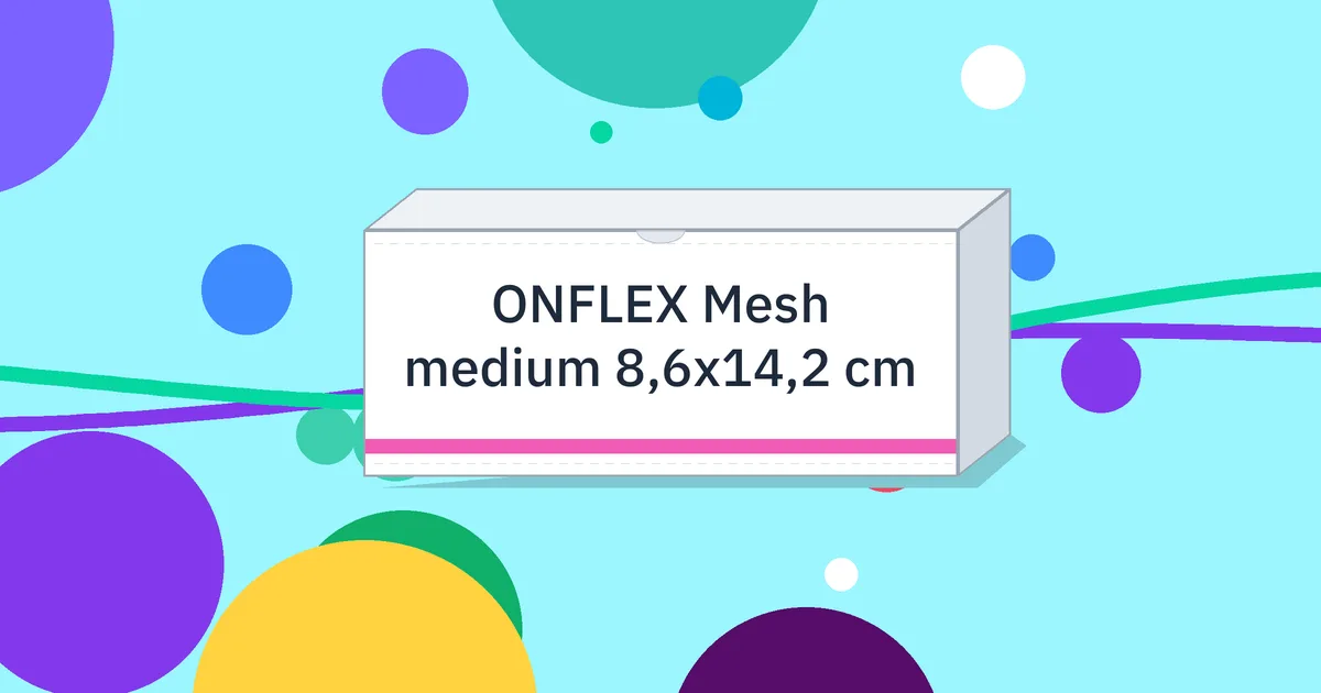 Symbolbild: Packung mit der Aufschrift ONFLEX Mesh medium 8,6x14,2 cm (PZN 11173867) – Verfügbarkeit und Bezug in Apotheken in Frankfurt am Main