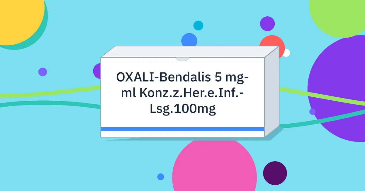 Symbolbild: Packung mit der Aufschrift OXALI-Bendalis 5 mg-ml Konz.z.Her.e.Inf.-Lsg.100mg (PZN 16624582) – Verfügbarkeit und Bezug in Apotheken in Frankfurt am Main