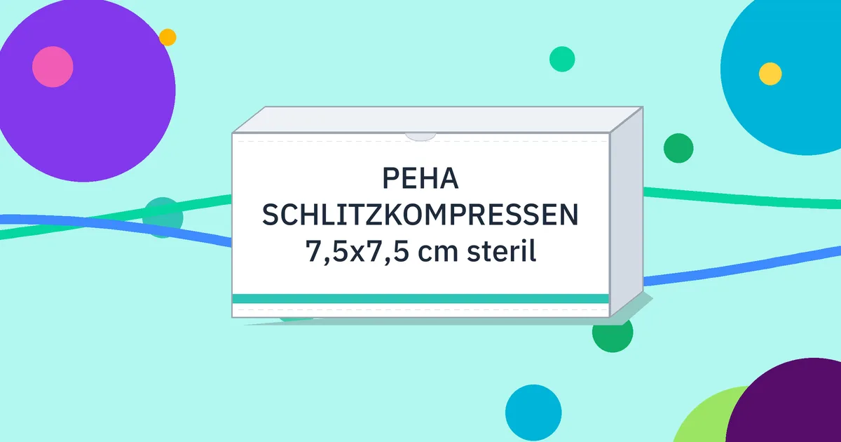 Symbolbild: Packung mit der Aufschrift PEHA SCHLITZKOMPRESSEN 7,5x7,5 cm steril (PZN 10135296) – Verfügbarkeit und Bezug in Apotheken in Frankfurt am Main