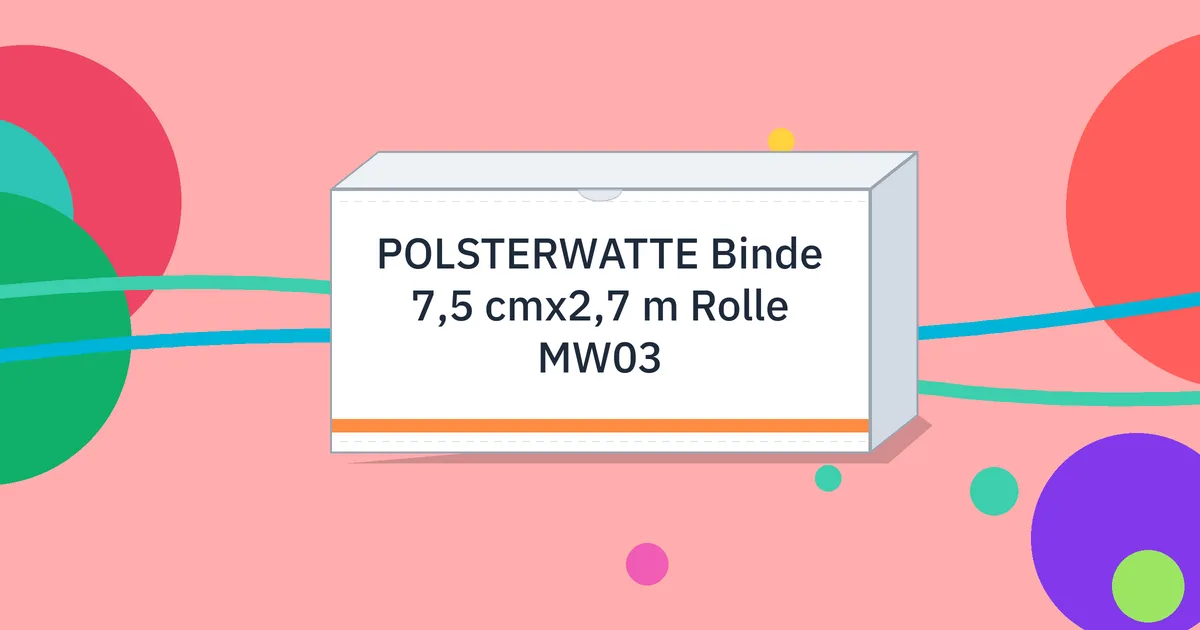 Symbolbild: Packung mit der Aufschrift POLSTERWATTE Binde 7,5 cmx2,7 m Rolle MW03 (PZN 03198416) – Verfügbarkeit und Bezug in Apotheken in Frankfurt am Main