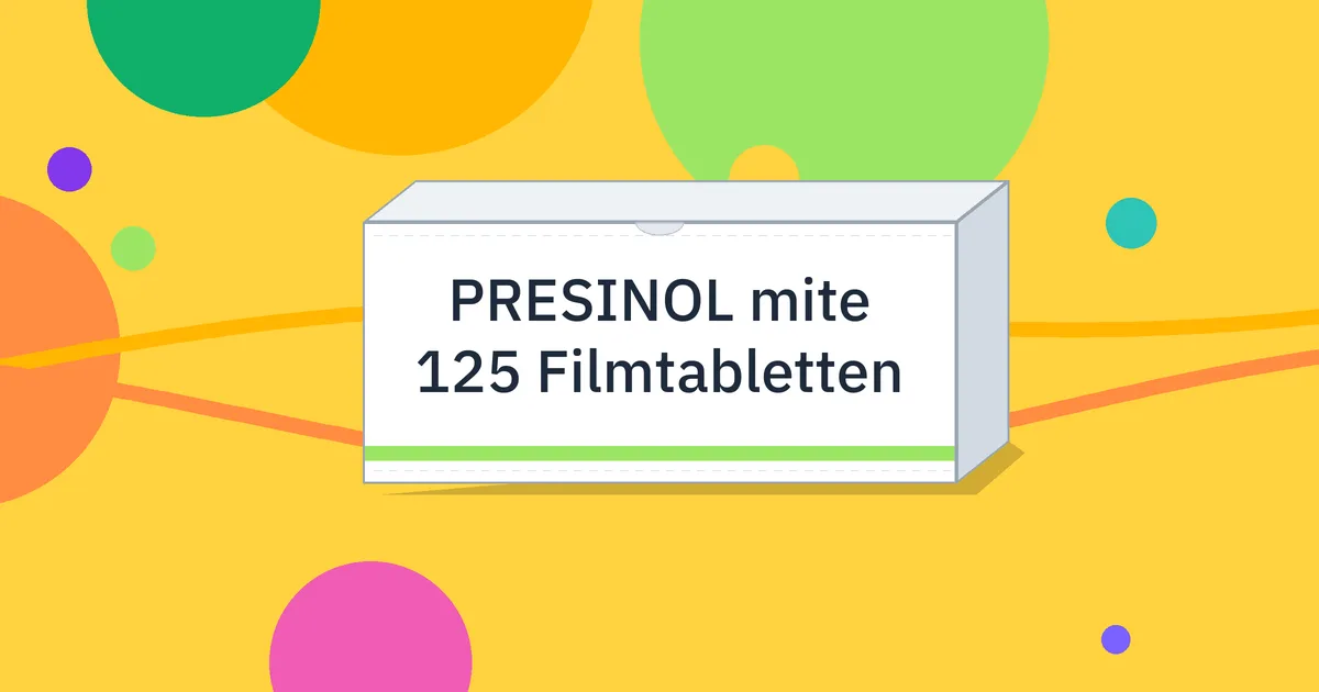 Symbolbild: Packung mit der Aufschrift PRESINOL mite 125 Filmtabletten (PZN 02039733) – Verfügbarkeit und Bezug in Apotheken in Frankfurt am Main