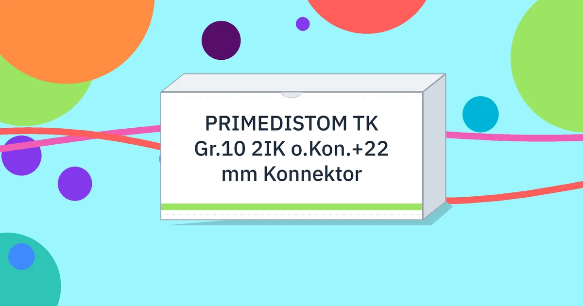 Symbolbild: Packung mit der Aufschrift PRIMEDISTOM TK Gr.10 2IK o.Kon.+22 mm Konnektor (PZN 10229904) – Verfügbarkeit und Bezug in Apotheken in Frankfurt am Main