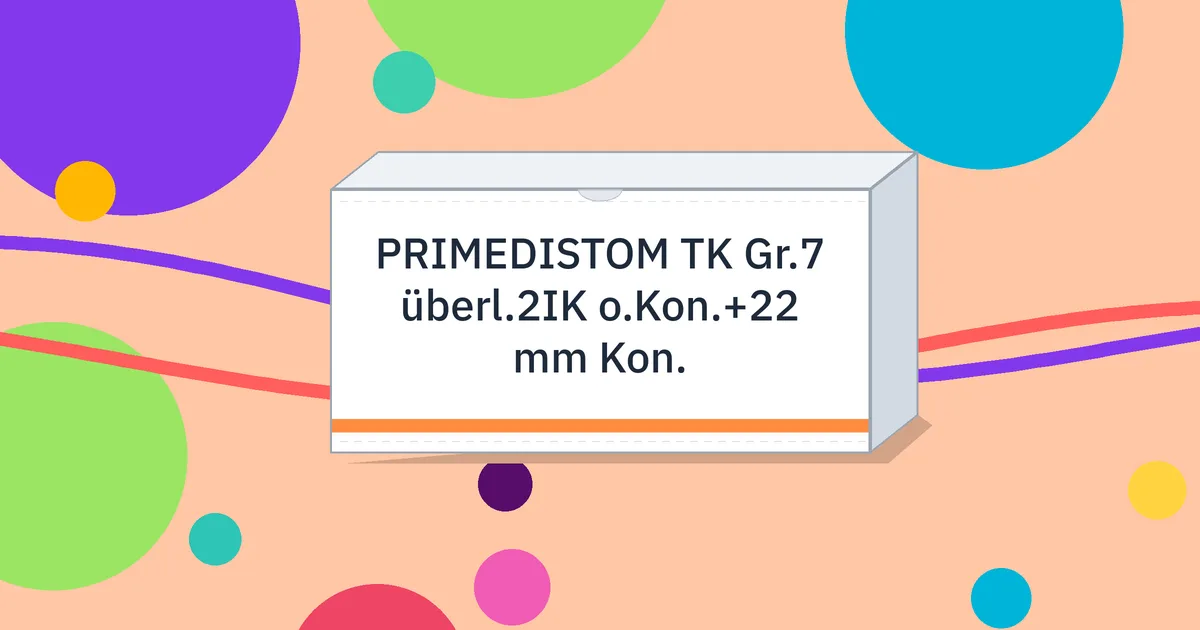 Symbolbild: Packung mit der Aufschrift PRIMEDISTOM TK Gr.7 überl.2IK o.Kon.+22 mm Kon. (PZN 10266331) – Verfügbarkeit und Bezug in Apotheken in Frankfurt am Main