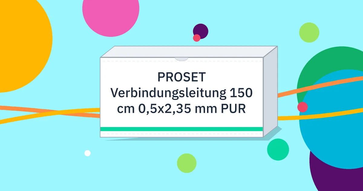 Symbolbild: Packung mit der Aufschrift PROSET Verbindungsleitung 150 cm 0,5x2,35 mm PUR (PZN 11865720) – Verfügbarkeit und Bezug in Apotheken in Frankfurt am Main