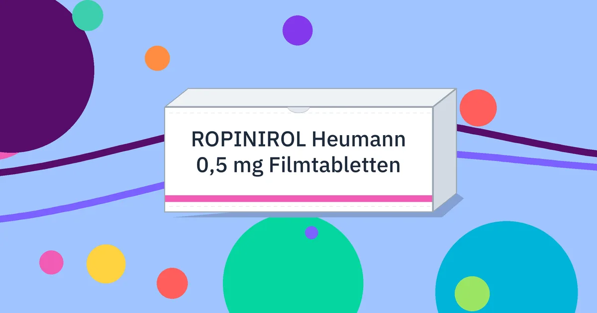 Symbolbild: Packung mit der Aufschrift ROPINIROL Heumann 0,5 mg Filmtabletten (PZN 09493406) – Verfügbarkeit und Bezug in Apotheken in Frankfurt am Main
