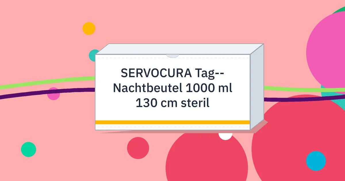 Symbolbild: Packung mit der Aufschrift SERVOCURA Tag--Nachtbeutel 1000 ml 130 cm steril (PZN 17363221) – Verfügbarkeit und Bezug in Apotheken in Frankfurt am Main