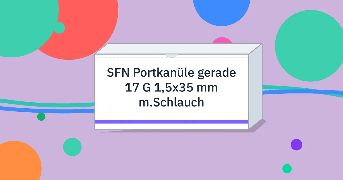 Symbolbild: Packung mit der Aufschrift SFN Portkanüle gerade 17 G 1,5x35 mm m.Schlauch (PZN 12363624) – Verfügbarkeit und Bezug in Apotheken in Frankfurt am Main