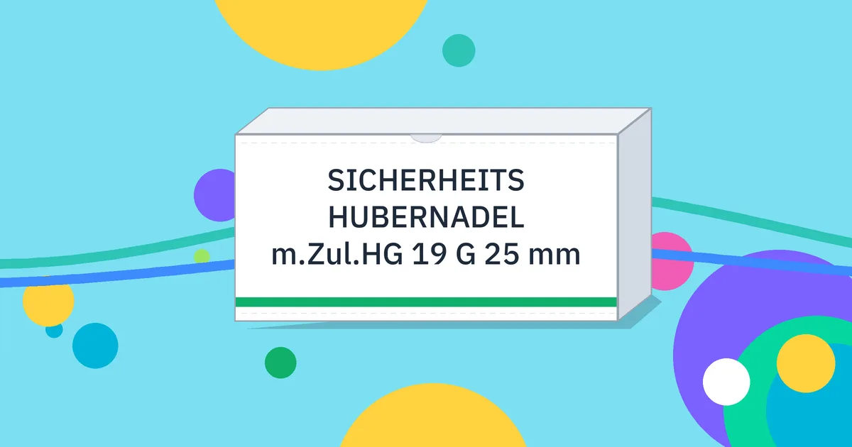 Symbolbild: Packung mit der Aufschrift SICHERHEITS HUBERNADEL m.Zul.HG 19 G 25 mm (PZN 12340557) – Verfügbarkeit und Bezug in Apotheken in Frankfurt am Main
