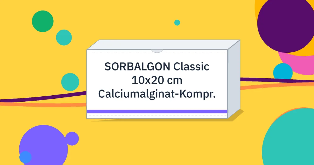 Symbolbild: Packung mit der Aufschrift SORBALGON Classic 10x20 cm Calciumalginat-Kompr. (PZN 20416180) – Verfügbarkeit und Bezug in Apotheken in Frankfurt am Main