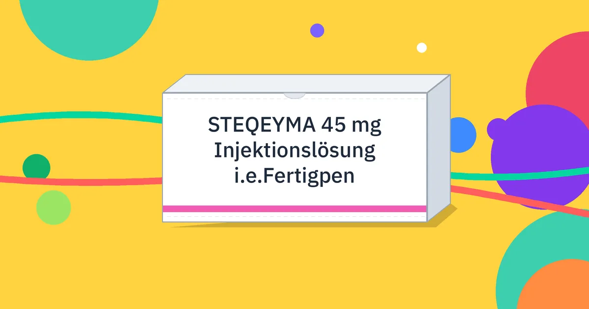 Symbolbild: Packung mit der Aufschrift STEQEYMA 45 mg Injektionslösung i.e.Fertigpen (PZN 19175216) – Verfügbarkeit und Bezug in Apotheken in Frankfurt am Main
