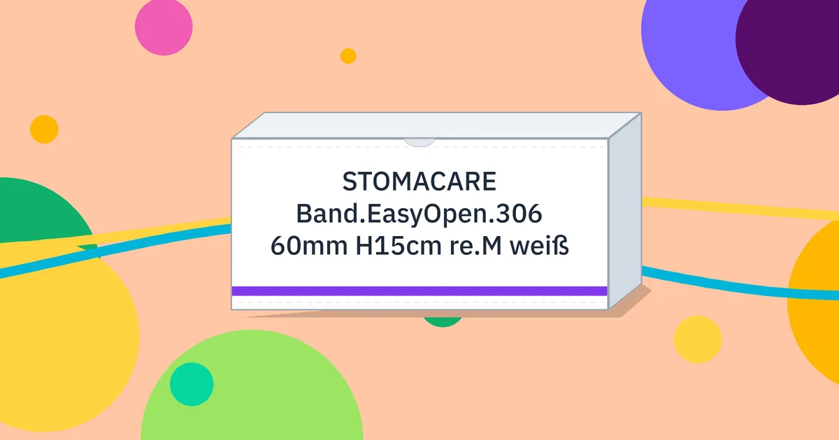 Symbolbild: Packung mit der Aufschrift STOMACARE Band.EasyOpen.306 60mm H15cm re.M weiß (PZN 07664766) – Verfügbarkeit und Bezug in Apotheken in Frankfurt am Main