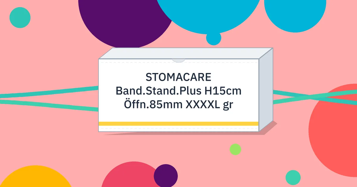 Symbolbild: Packung mit der Aufschrift STOMACARE Band.Stand.Plus H15cm Öffn.85mm XXXXL gr (PZN 16750513) – Verfügbarkeit und Bezug in Apotheken in Frankfurt am Main