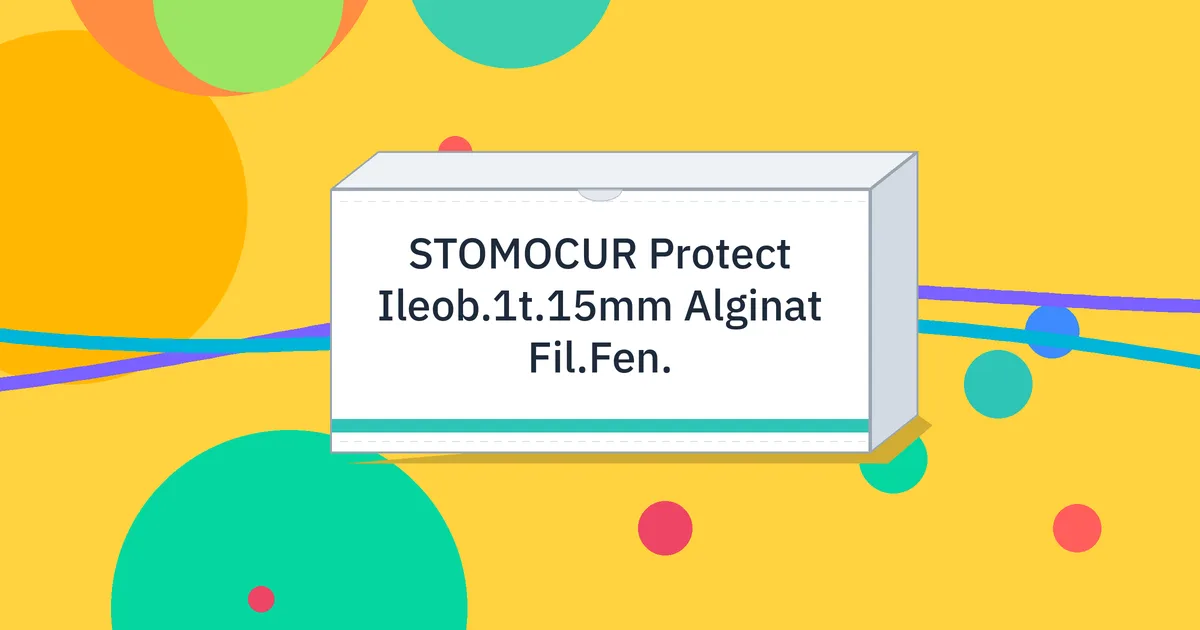 Symbolbild: Packung mit der Aufschrift STOMOCUR Protect Ileob.1t.15mm Alginat Fil.Fen. (PZN 14419990) – Verfügbarkeit und Bezug in Apotheken in Frankfurt am Main
