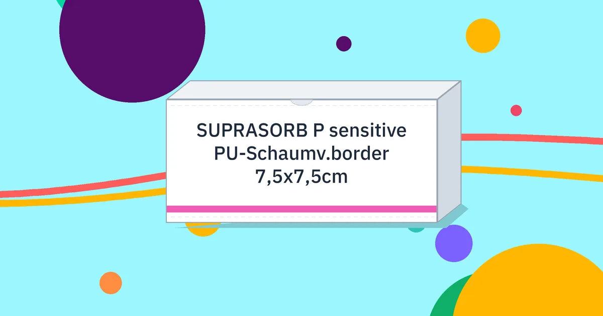 Symbolbild: Packung mit der Aufschrift SUPRASORB P sensitive PU-Schaumv.border 7,5x7,5cm (PZN 17843688) – Verfügbarkeit und Bezug in Apotheken in Frankfurt am Main
