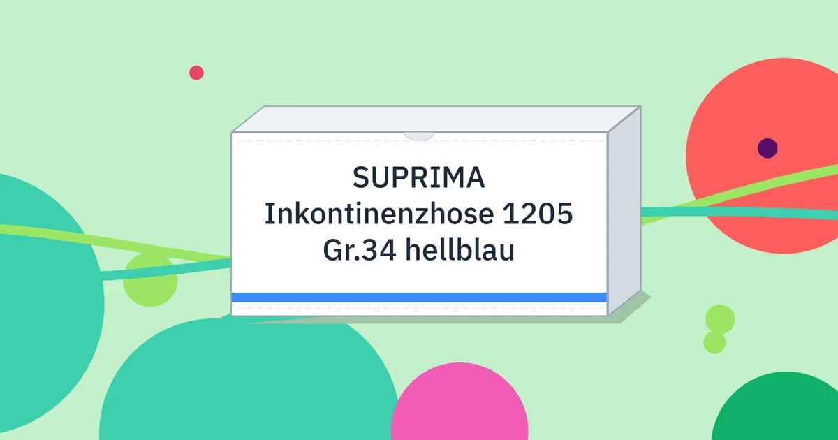 Symbolbild: Packung mit der Aufschrift SUPRIMA Inkontinenzhose 1205 Gr.34 hellblau (PZN 03019997) – Verfügbarkeit und Bezug in Apotheken in Frankfurt am Main