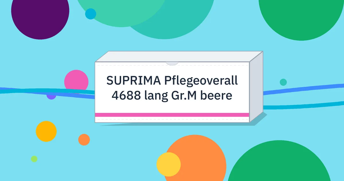 Symbolbild: Packung mit der Aufschrift SUPRIMA Pflegeoverall 4688 lang Gr.M beere (PZN 11660225) – Verfügbarkeit und Bezug in Apotheken in Frankfurt am Main