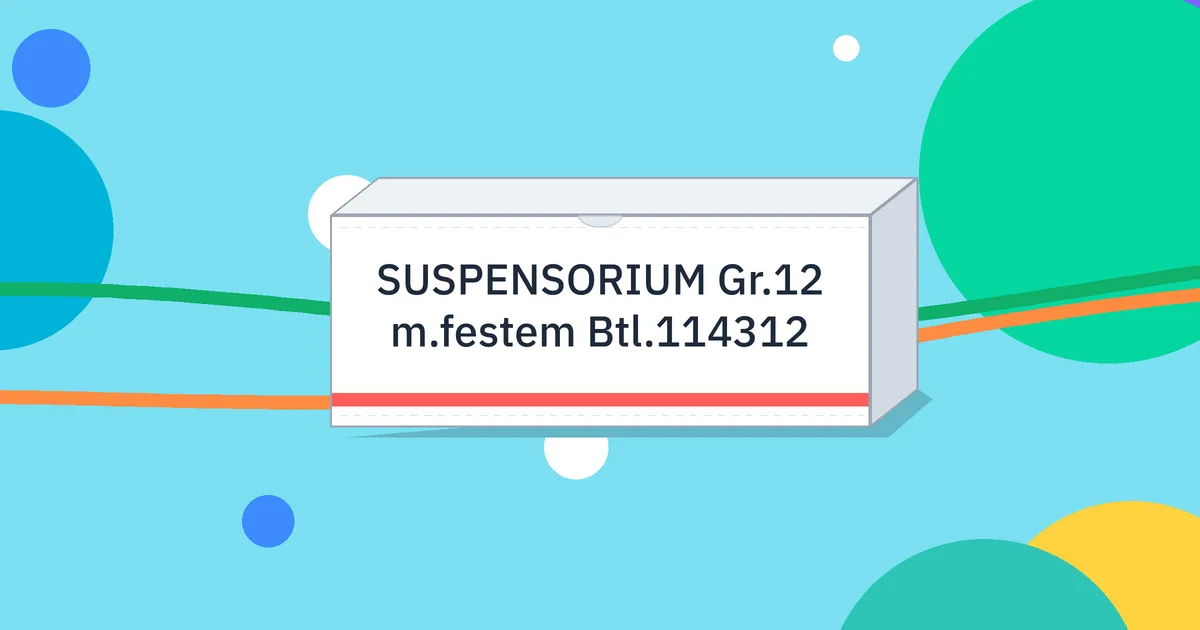 Symbolbild: Packung mit der Aufschrift SUSPENSORIUM Gr.12 m.festem Btl.114312 (PZN 04608922) – Verfügbarkeit und Bezug in Apotheken in Frankfurt am Main